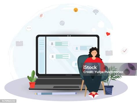 집에서 일하는 여자 온라인 회의 온라인 채팅 프리랜서 작업 개념 E러닝 개념 평면 벡터 일러스트레이션 Brand Name Online Messaging Platform에