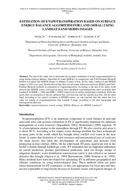 Pdf Estimation Of Evapotranspiration Based On Surface Energy Balance Algorithm For Land Sebal
