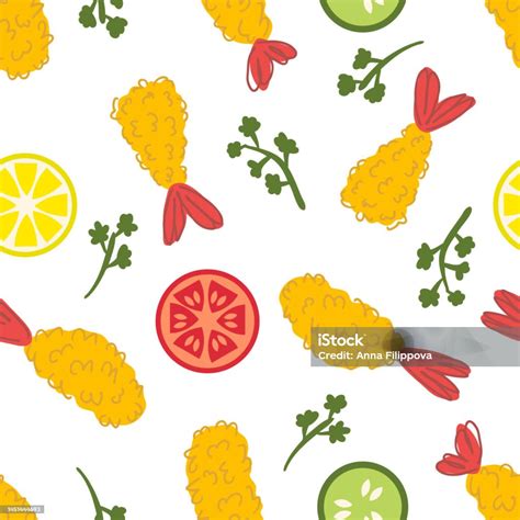 에비 후라이 새우 튀김과 야채와 매끄러운 패턴 티셔츠 종이 섬유 및 직물에 완벽한 프린트 장식과 디자인을 위한 손으로 그린 벡터 배경 0명에 대한 스톡 벡터 아트 및 기타