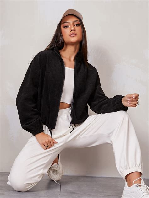 Shein جاكيتات الرباط الجيب سستة الصاف كاجوال