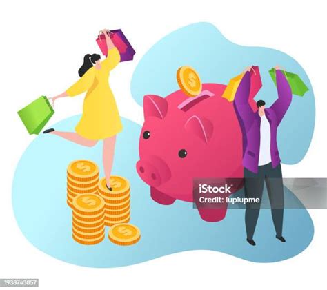 여자 남자 캐릭터 가방을 들고 옷 은행 저축 돈 돼지 저금통 3d 등각 투영 벡터 일러스트 레이 션 흰색 절연 3차원 형태에 대한 스톡 벡터 아트 및 기타 이미지 Istock