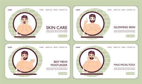 웹 페이지 방문 스킨 케어 루틴 개념 설정 온라인 상점에 대한 남성 위생 잘 생긴 수염을 가진 남자 씻기 얼굴 청소 위생 크림