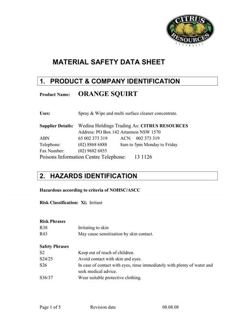 MATERIAL SAFETY DATA SHEET ORANGE SQUIRT