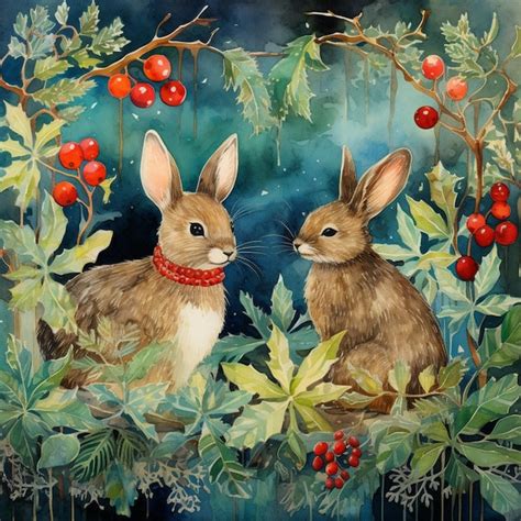 Premium Photo Two Rabbits In A Forest With Red Berries And A Blue Background