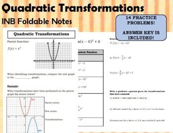 Quadratic Transformations INB Foldable Notes By Algebra With Steck