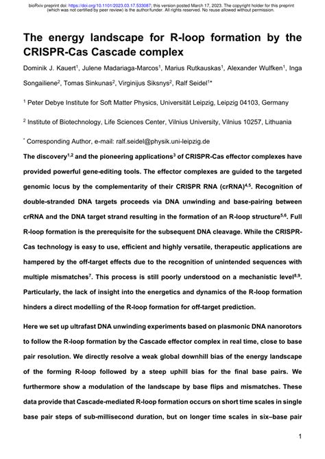 Pdf The Energy Landscape For R Loop Formation By The Crispr Cas