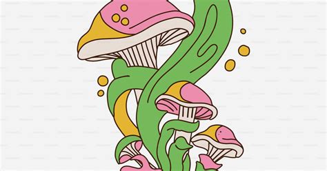 녹색 환각 연기와 함께 트리피 버섯 무리 그루비 벡터 70년대 스타일 일러스트레이션 마술 버섯은 로고 티셔츠 티셔츠 포스터 스티커 인쇄를 인쇄합니다 벡터