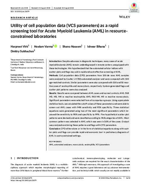 Pdf Utility Of Cell Population Data Vcs Parameters As A Rapid