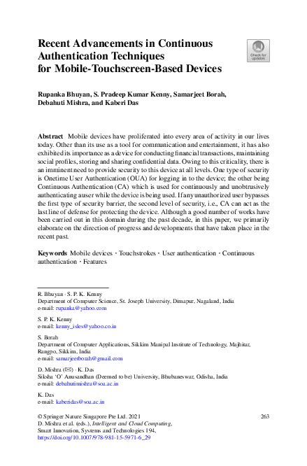 Pdf Recent Advancements In Continuous Authentication Techniques For Mobile Touchscreen Based