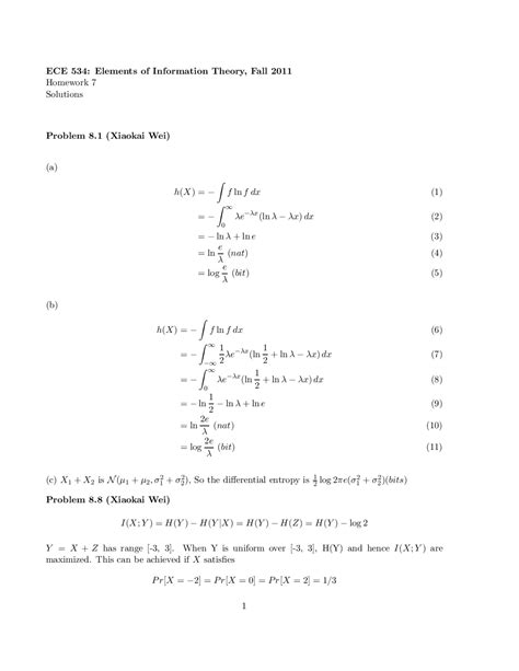 Elements Of Information Theory Homework 7 With Answers Ece 534 Docsity