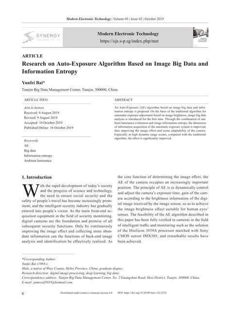 Pdf Research On Auto Exposure Algorithm Based On Image Big Data And