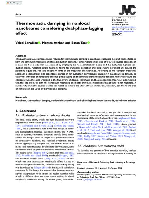 Pdf Thermoelastic Damping In Nonlocal Nanobeams Considering Dual Phase Lagging Effect