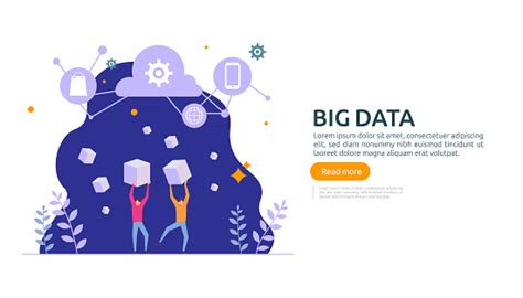 큰 데이터 및 분석 처리 개념 방문 페이지 템플릿 클라우드 데이터베이스 서비스 배너 프레 젠 테이 션 사회적 또는 인쇄 미디어에 대 한 상호 작용 사람들 문자로 서버 센터