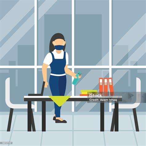 작업 공간 개념 소독 책상 및 의자 벡터 아이콘 디자인 산업 청소 서비스 기호 사무실 및 거리 관리인 표지판 유지 보수 기기 및