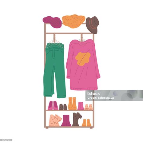상점에 있는 옷 신발 모자를 위한 랙 흰색 배경에 격리된 평면 벡터 삽화 상점에 대한 스톡 벡터 아트 및 기타 이미지 상점 중고품 판매 칸 가구 Istock