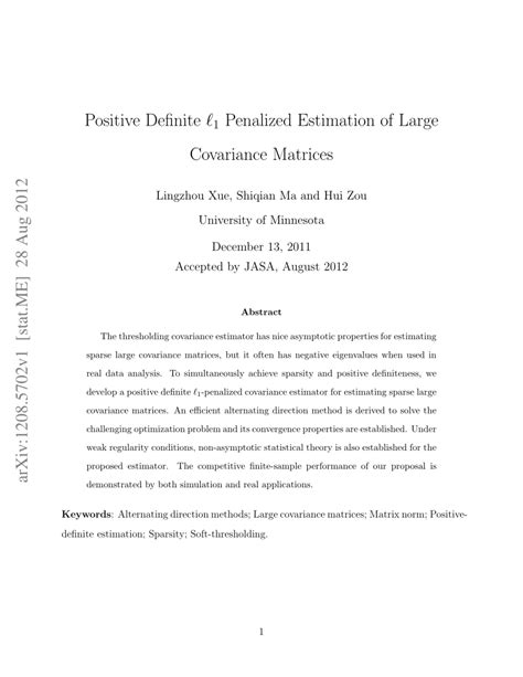 Pdf Positive Definite ℓ 1 Penalized Estimation Of Large Covariance Matrices