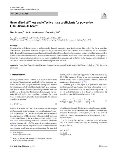 Pdf Generalized Stiffness And Effective Mass Coefficients For Power Law Euler Bernoulli Beams