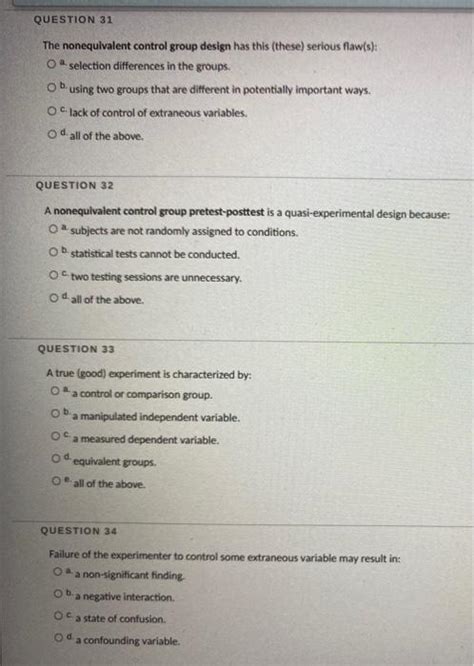 Solved Question 31 The Nonequivalent Control Group Design