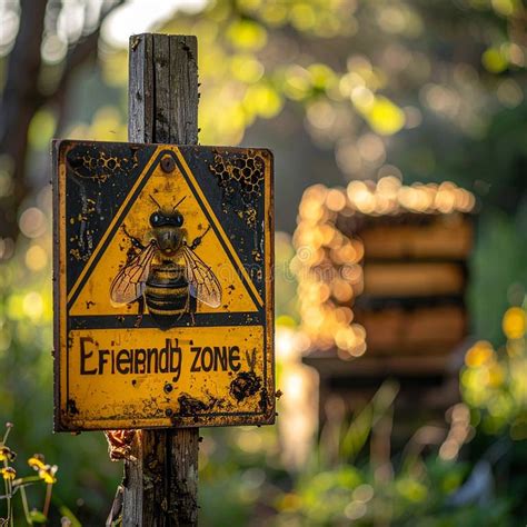 Rustic Bee Zone Warning Sign With Beehive In Sunlight Stock