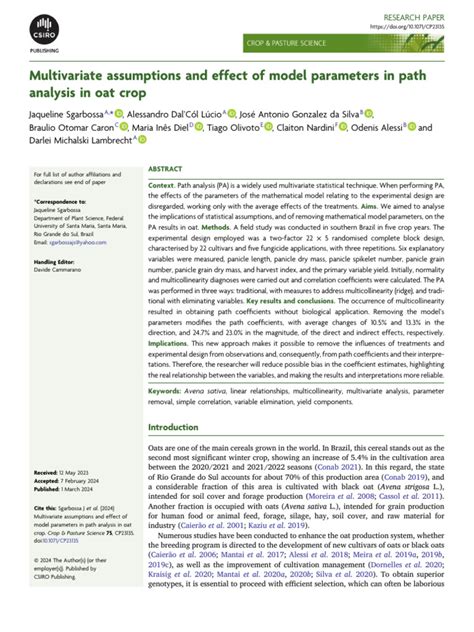 Multivariate Assumptions And Effect Of Model Parameters In Path Analysis In Oat Crop Pdf