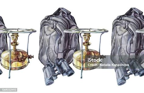 배낭 쌍안경 흰색 배경에 황금 러시아어 빈티지 오일 스토브 프라이무스 산에서 원활한 국경 수채화 하이킹 여행 복고풍 손으로 그린