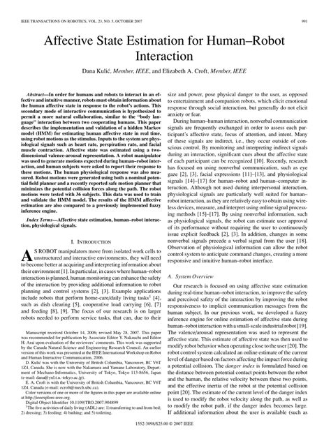 Pdf Affective State Estimation For Humanrobot Interaction