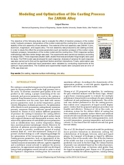 Modeling And Optimization Of Die Casting Process For Zamak Alloy Pdf Casting Metalworking