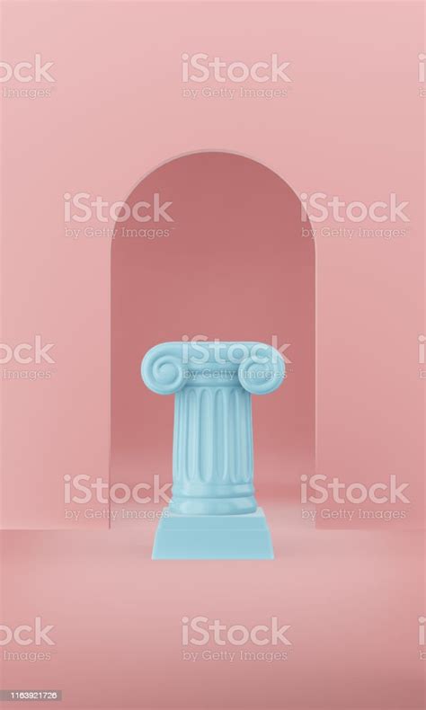 아치와 분홍색 배경에 추상 연단 파란색 열입니다 승리 받침대는 미니멀 한 개념입니다 3d 렌더링 0명에 대한 스톡 사진 및 기타 이미지 Istock