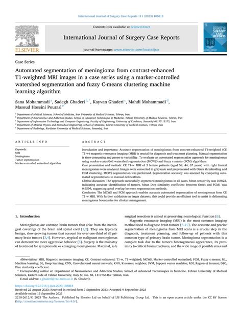 Pdf Automated Segmentation Of Meningioma From Contrast Enhanced T1