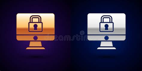 Gold And Silver Lock On Computer Monitor Screen Icon Isolated On Black