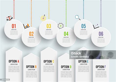 워크플로 배너 다이어그램 웹 디자인 영역형 차트 서식 파일 타임 라인 Infographic 색된 가로 6 위치에 대 한 번호를 사용할 수 있습니다 0명에 대한 스톡 벡터