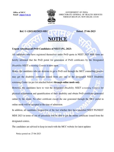 Notice For Pwd Candidates Pg 2023 Pdf Qualifications Health Sciences