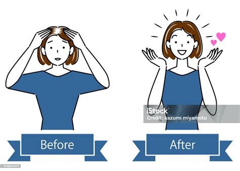 헤어 케어 숱이 머리 회색 머리 머리 문제 후 귀여운 여성 일러스트 간단한 벡터 헤어 케어 회색 머리 염료 머리 위에 숱이 머리 헤어 라인에서 회색 머리 전후 머리 문제