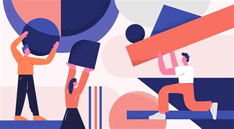 기하학적 모양 벡터 플랫 일러스트를 들고 만화 다채로운 사람들의 그룹 사람들에 대한 스톡 벡터 아트 및 기타 이미지 사람들 삼각형 추상적인 Istock