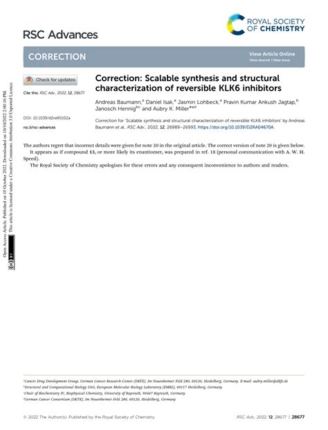 Pdf Correction Scalable Synthesis And Structural Characterization Of Reversible Klk6 Inhibitors