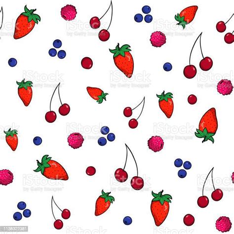 완벽 한 패턴입니다 손으로 그린 딸기 라즈베리 블루베리와 체리 흰색 바탕에 벡터 일러스트 0명에 대한 스톡 벡터 아트 및 기타 이미지 Istock