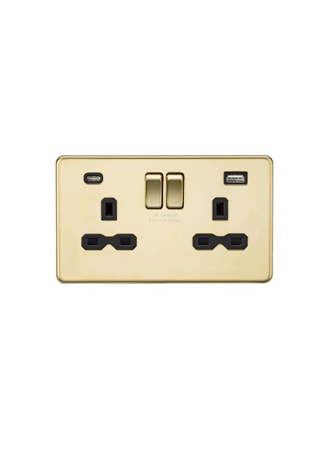 Polished Brass 13A 2G SP Switched Socket With Dual USB A C 5V DC 4 0A Shared With Black Insert