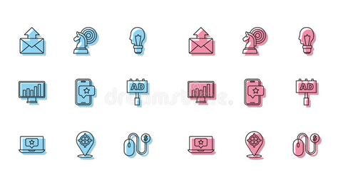 Set Line Laptop With Star Target Mail And E Mail Advertising Mobile Review Rating Monitor