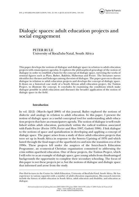 Pdf Dialogic Spaces Adult Education Projects And Social Engagement