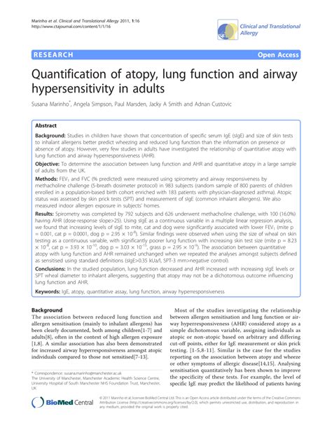 Pdf Quantification Of Atopy Lung Function And Airway Hypersensitivity In Adults
