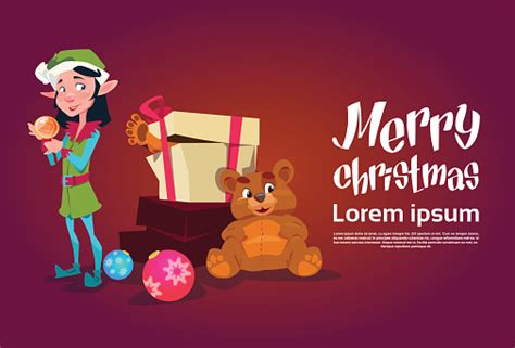 크리스마스 엘프 소녀 만화 캐릭터 산타 도우미 와 선물 상자 0명에 대한 스톡 벡터 아트 및 기타 이미지 0명 겨울 계절 Istock