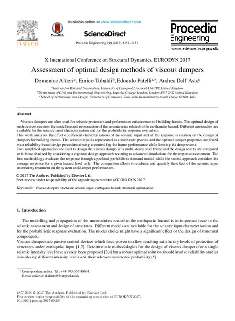 Pdf Assessment Of Optimal Design Methods Of Viscous Dampers