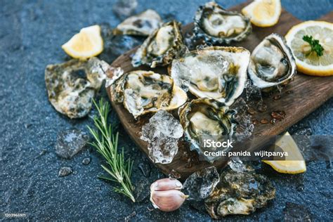 나무 보드 플레이트 배경에 신선한 굴 해산물 허브 향신료 레몬 로즈마리와 오픈 굴 껍질 테이블과 얼음 건강한 바다 음식 생 굴 저녁 식사 레스토랑 미식가 음식 갑각류에 대한