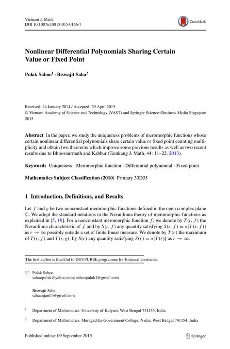 Pdf Nonlinear Differential Polynomials Sharing Certain Value Or Fixed Point