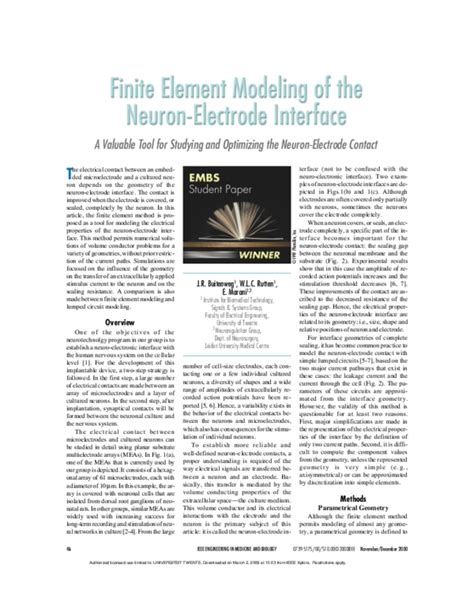 Pdf Finite Element Modeling Of The Neuron Electrode Interface