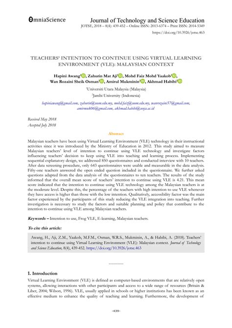 Pdf Teachers Intention To Continue Using Virtual Learning Environment Vle Malaysian Context