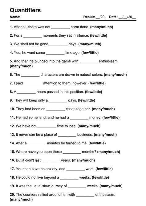 Quantifiers Test 9 [20 Questions] Practice English Grammar Grammar Worksheets Answers