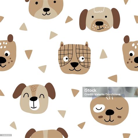 귀여운 개 얼굴과 손으로 그린 요소가있는 갈색 인쇄물 창조적 인 유치한 질감 이음새가 없는 무늬 직물 직물 벡터 일러스트레이션에 적합 가축에 대한 스톡 벡터 아트 및 기타