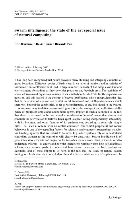 Pdf Swarm Intelligence The State Of The Art Special Issue Of Natural