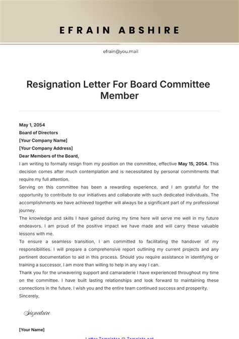Free Resignation Letter For Board Committee Member Template To Edit Online
